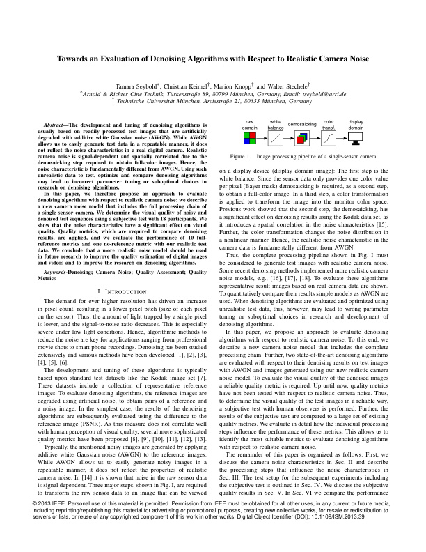 Towards an Evaluation of Denoising Algorithms with Respect to Realistic Camera Noise | Christian ...